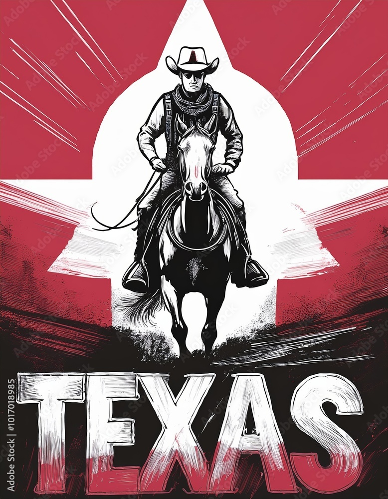 Western cowboy riding horse towards viewer, bold Texas text below ...