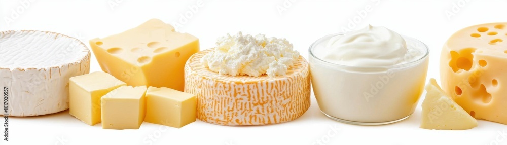 cheese and dairy products background: cheeses of various types, butter ...