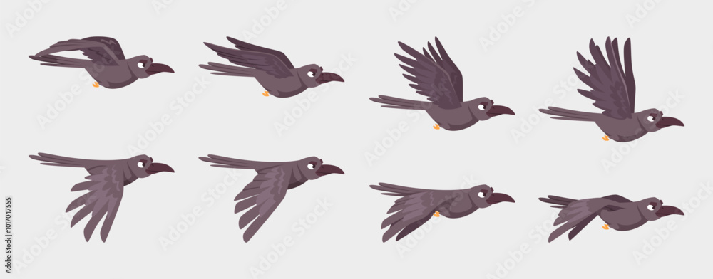 Crow flying. Keyframe animation of flying gothic birds 2d sequence ...