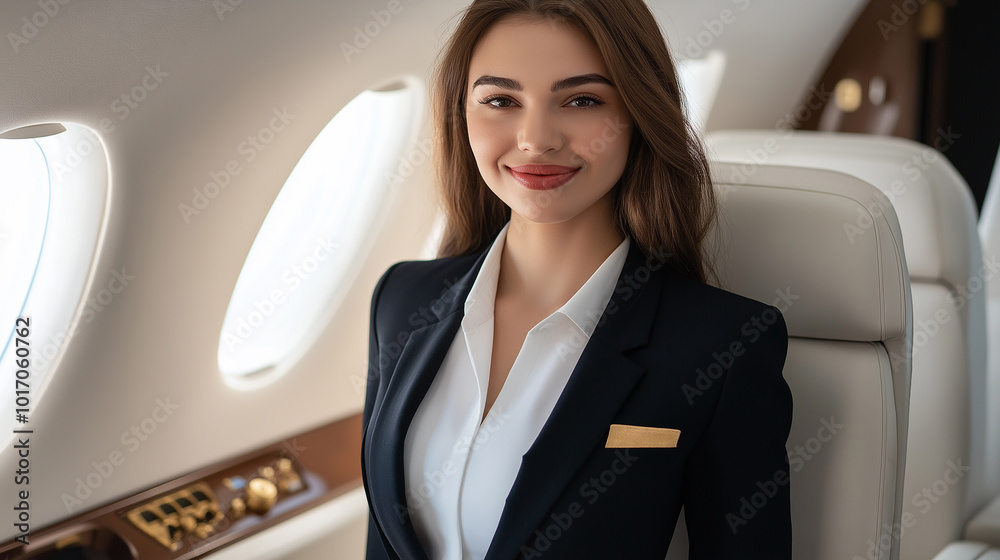 Foto de Stock Young female flight attendant in dark blazer, private jet ...