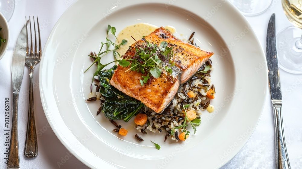 Gourmet Pan-Seared Trout Dish with Wild Rice Pilaf and Sautéed Spinach ...