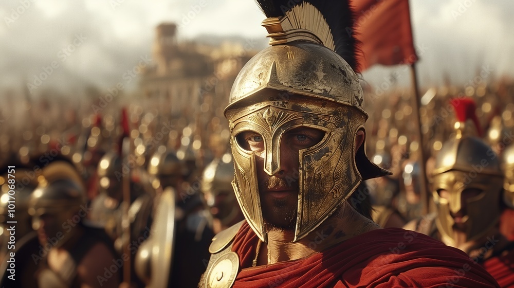 Ancient spartan warrior in ornate helmet amidst a legion of soldiers ...