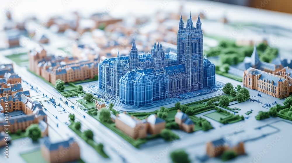 3D cityscape model featuring a detailed cathedral, representing ...