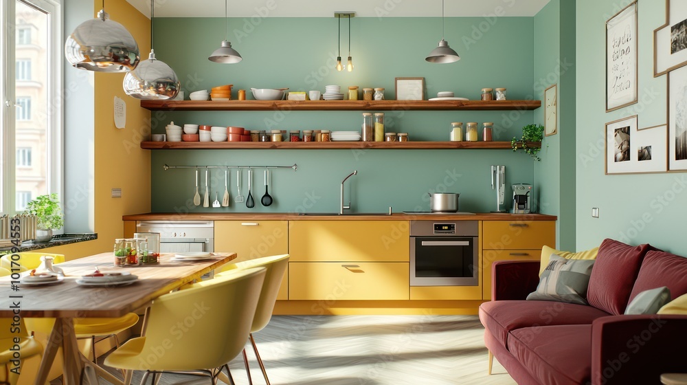 Stylish apartment with ochre kitchen cabinets, wooden shelves, mint ...