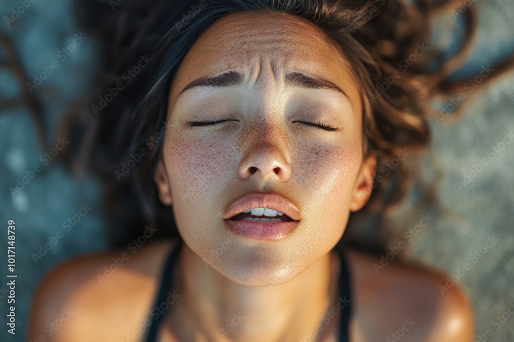 moaning young sensual latinx woman with open mouth and closed eyes getting sexual pleasure ...