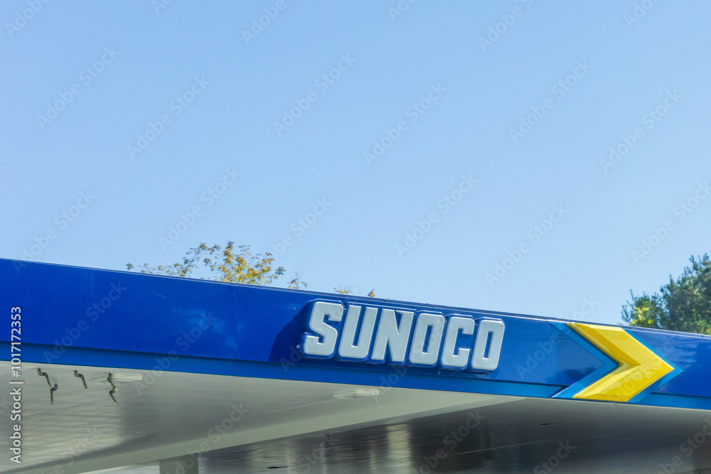 A close-up view of the Sunoco gas station canopy with bold branding ...
