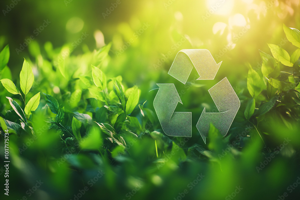 Recycle arrow symbol on green plants background. Green energy with eco ...