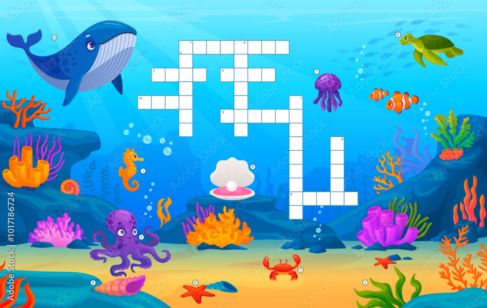 Underwater animals crossword. Quiz puzzle game with sea animals for ...