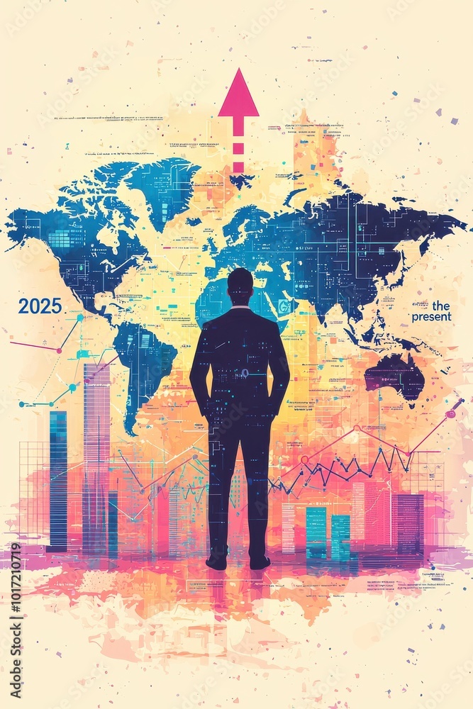 Businessman standing confidently in front of a world map with rising ...