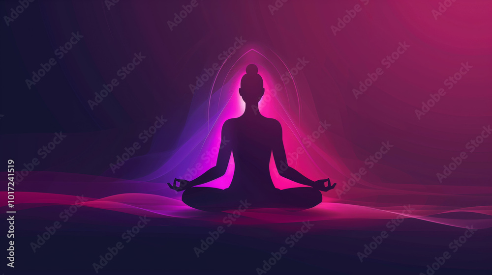 Spiritual illustration of woman girl in yoga pose meditating in dark ...