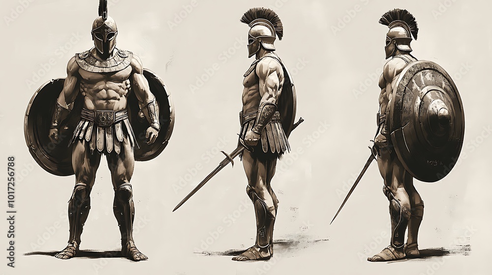 A detailed illustration of a muscular warrior in ancient armor ...