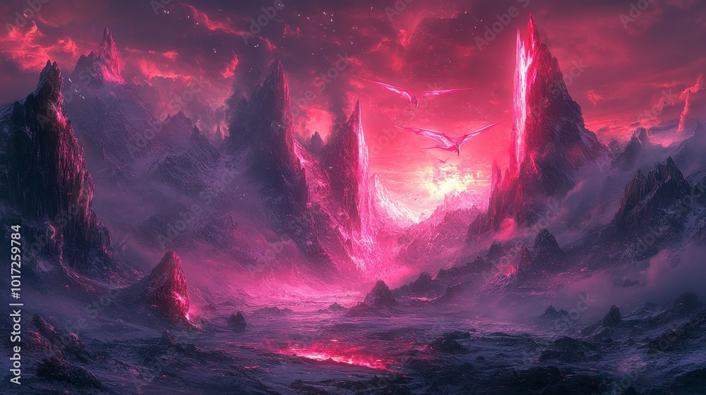 An unreal landscape where mountains are made of crystal, and mythical ...