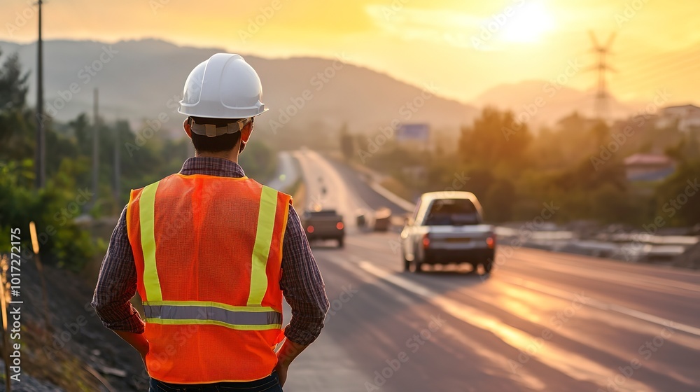 Ilustracja bez tantiem: Civil engineer overseeing road construction for ...