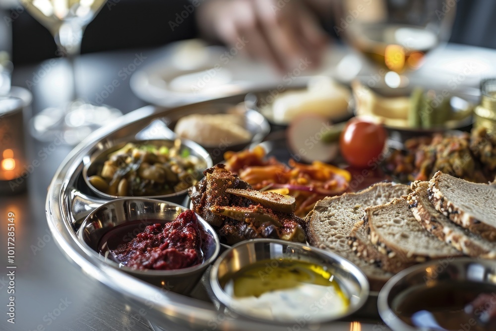 Traditional Passover Seder Plate with Diverse Dishes, Unleavened Bread ...