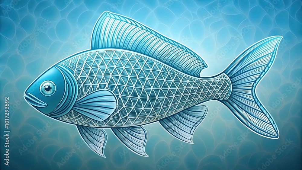 Delicate outline of a blue fish with intricate scales and fins, set ...