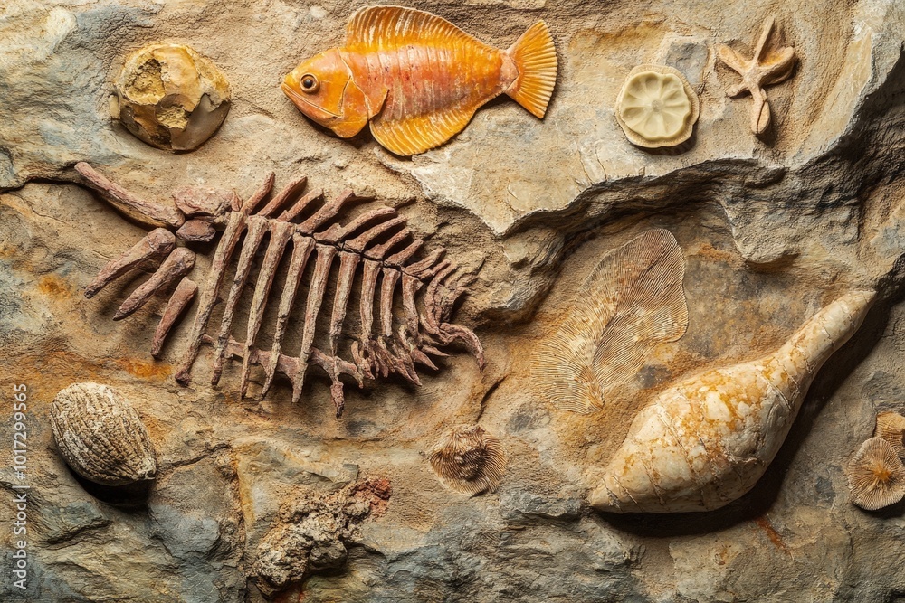 Fossils of early life forms, showing ancient marine creatures and ...