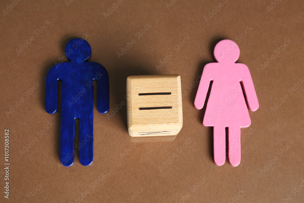 Gender equality concept. Male and female figures on brown background ...