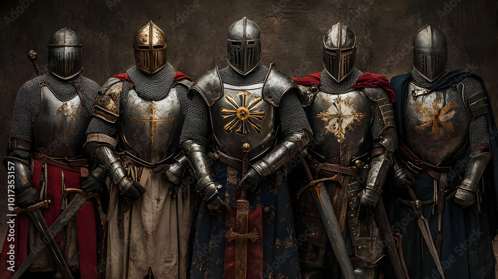 Five armored knights standing together, showcasing medieval attire. Stock Photo | Adobe Stock