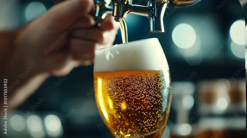 Bartender pouring a refreshing golden lager beer from the tap into a glass creating a dynamic ...