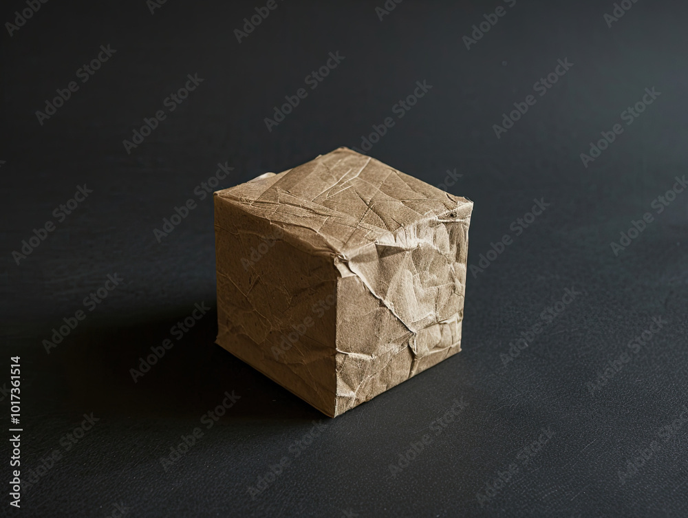 Small crumpled box with visible ridges and stains, halo effect from ...