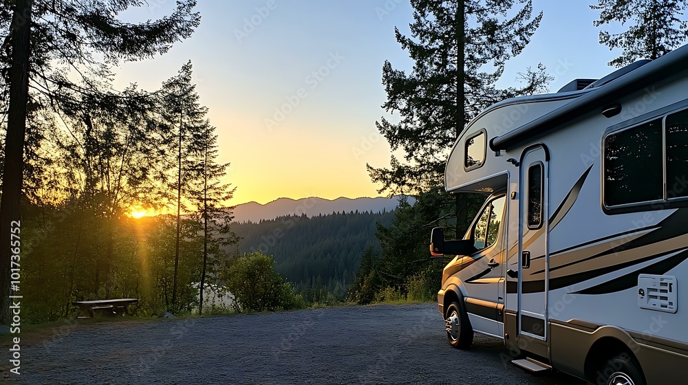 Class C motorhome parked at a beautiful campsite during sunset, warm ...
