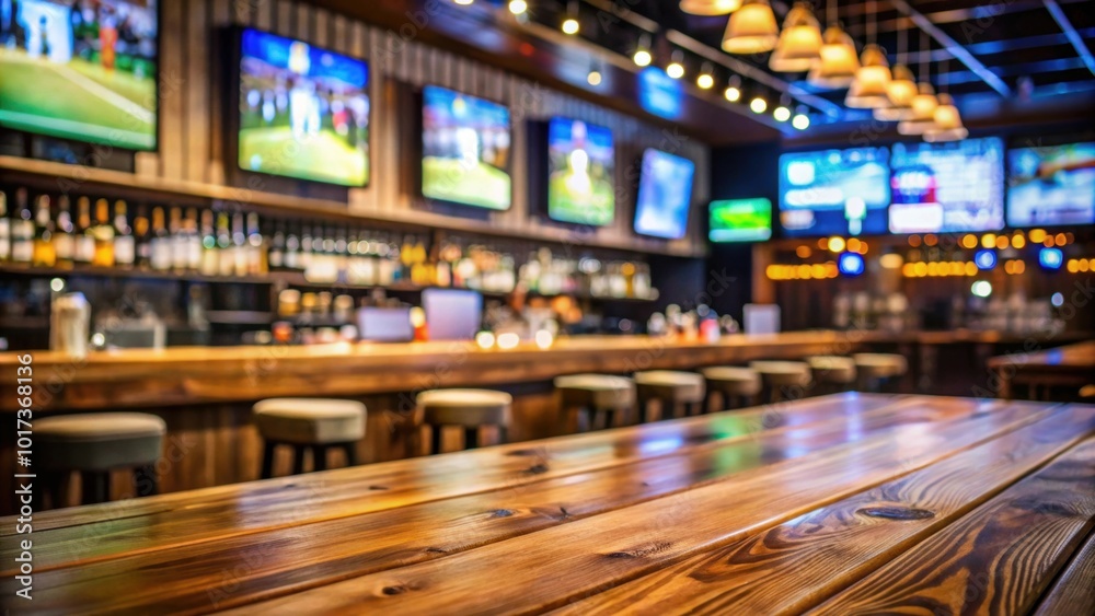 Empty wooden counter in sports bar with blurred TV displays showing ...