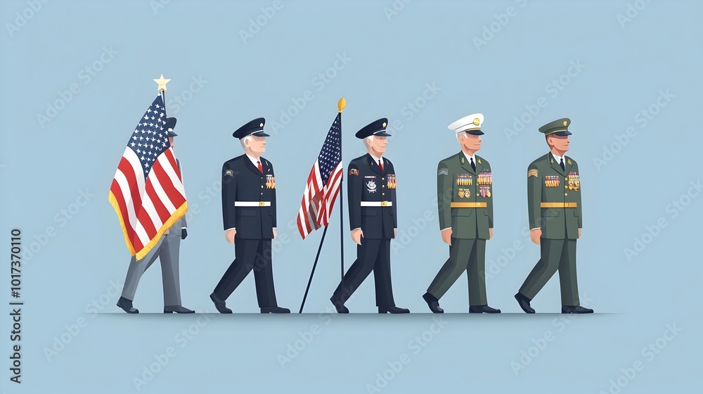 Vibrant depicting a Veterans Day parade with waving flags and military ...