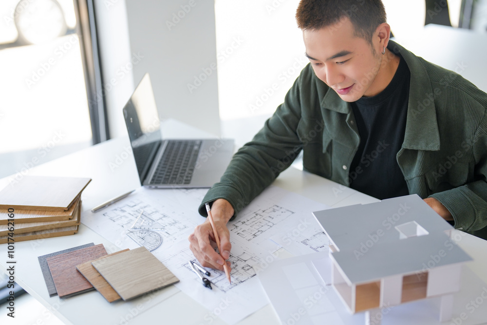 Architecture Man drawing on architectural Creative project business ...