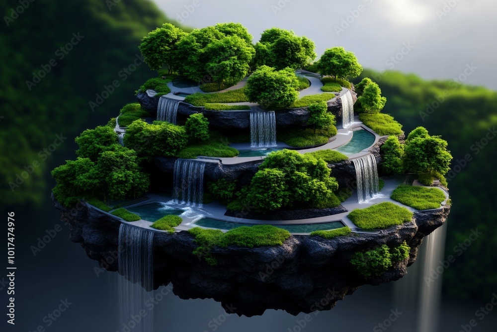 Fantasy depiction of a floating city designed with waterfalls, green ...