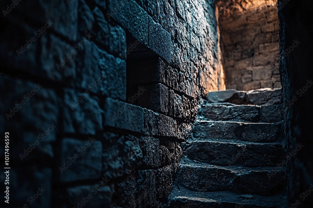 In a murky chamber, the damp walls murmur forgotten tales as shadows ...