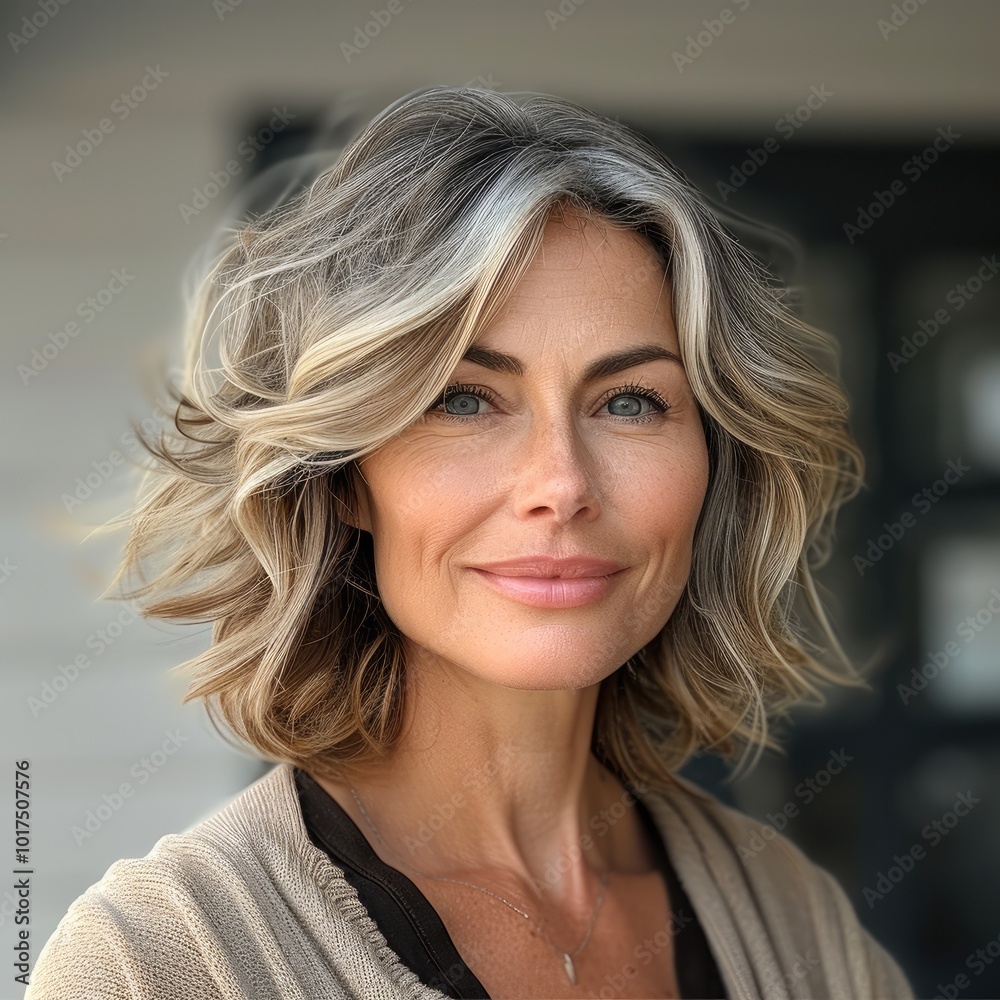 A pretty 50 year old woman with Stacked Bob with Soft Waves hairstyle ...