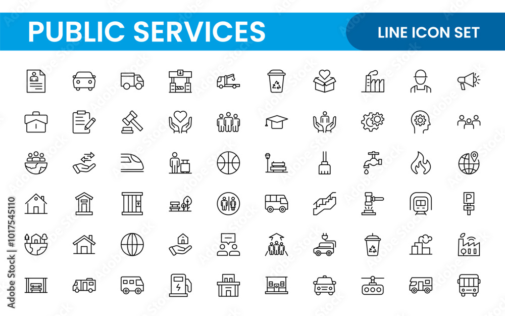 Set of outline Public Services icons. Minimalist thin linear web icon ...