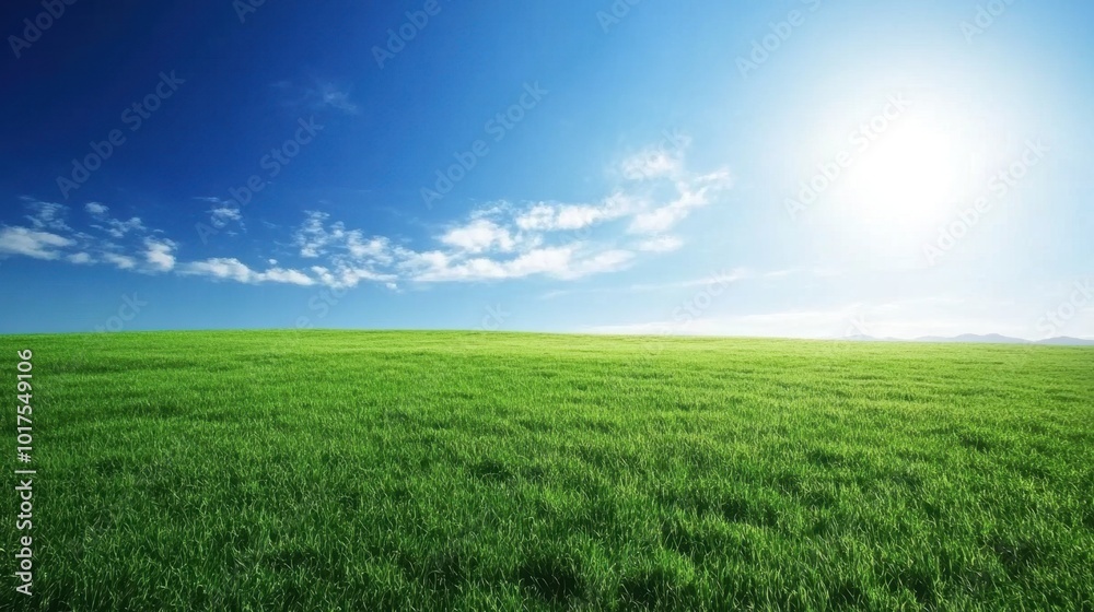 Expansive green fields under a clear blue sky with sunlight ...
