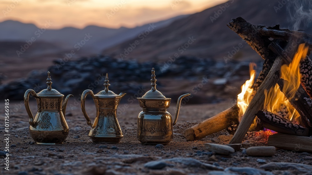 Traditional arabic coffee and tea pots at the fireplace in the desert ...