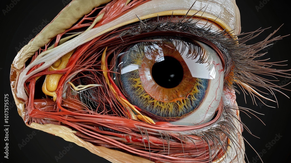 Eye anatomy shown in a detailed 3D medical illustration of the internal ...