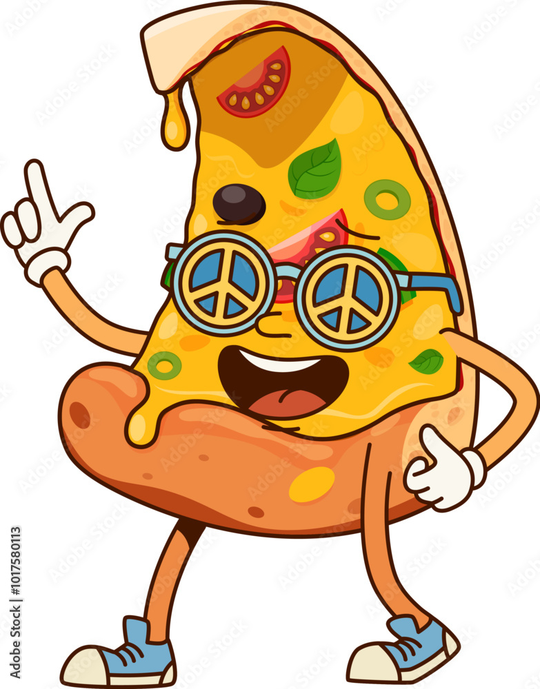 Groovy fast food pizza slice character wearing hippie sunglasses with ...