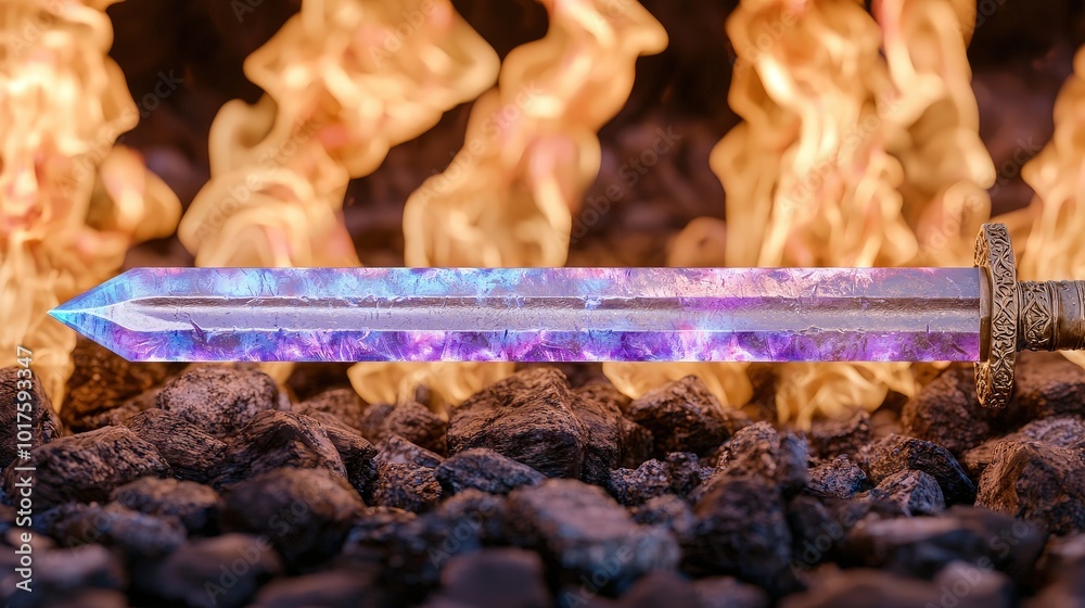 Fantasy Crystal Sword with Fire Background Medieval Weapon Magic Power ...