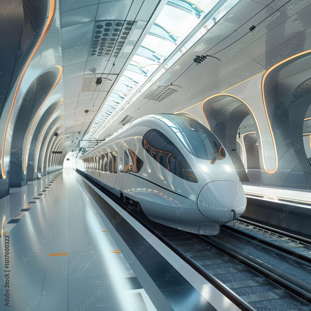 Depict a passenger train at a modern, high-tech station, with sleek architecture and advanced ...