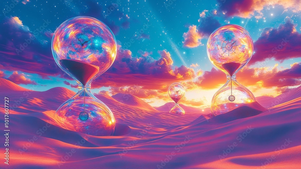 Vast desert with enormous hourglasses suspended in mid-air, spilling ...