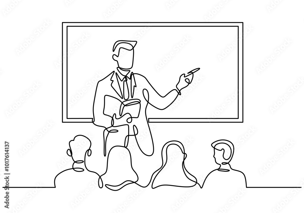 Continuous line drawing of a teacher with students. Simplified design ...