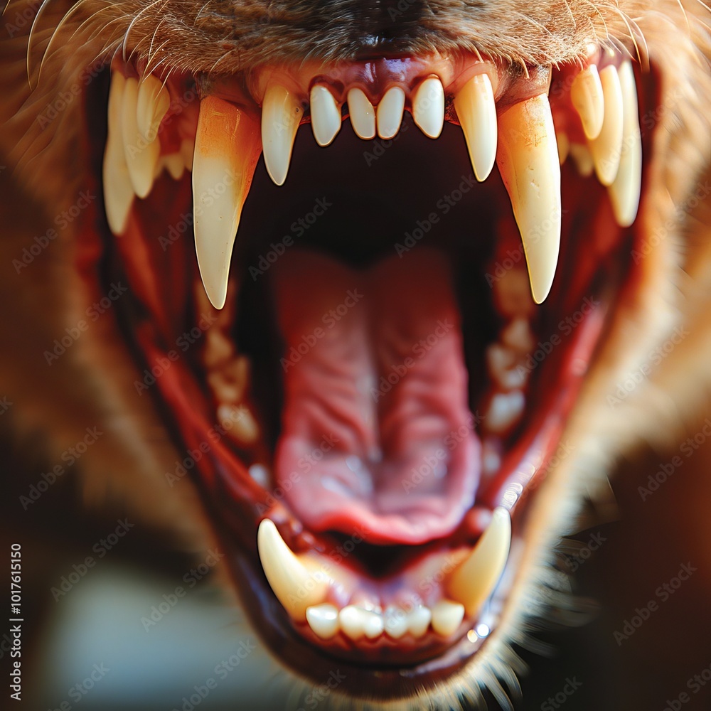 monstrous jaws of a creature, wide open with sharp, jagged teeth and a ...