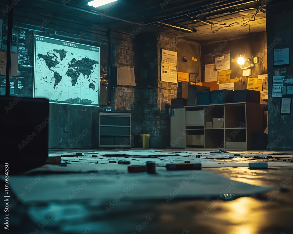 Crime scene in a dimly lit basement, forensic evidence scattered ...