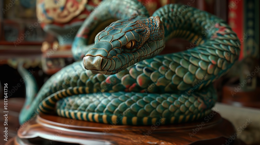 Green snake statue with golden details, resting on a wooden surface ...