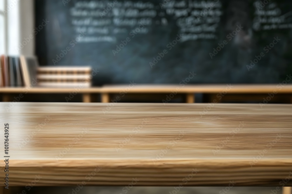 Wooden tabletop in a school classroom against a blackboard background ...