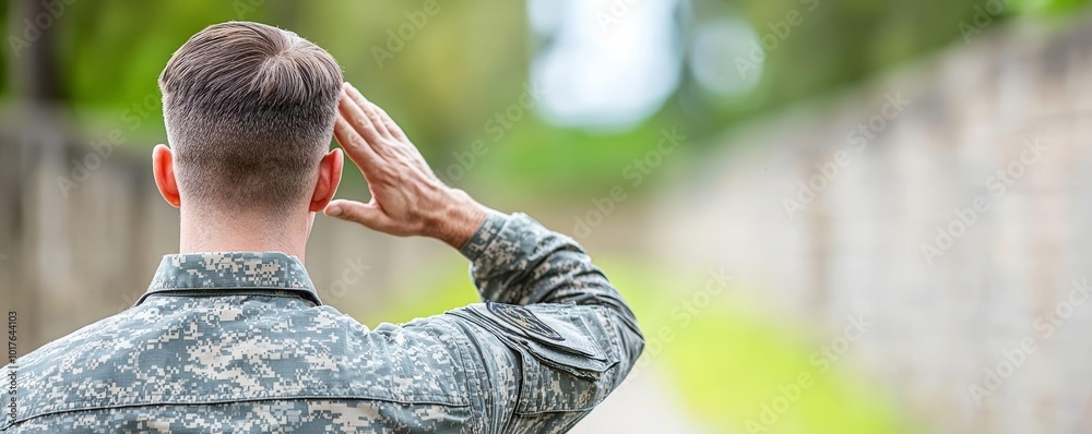 Soldier saluting in military uniform, blurred background of a path and ...