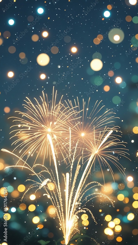 Romantic fireworks and twinkling stars bloom on top, with a blurred and ...