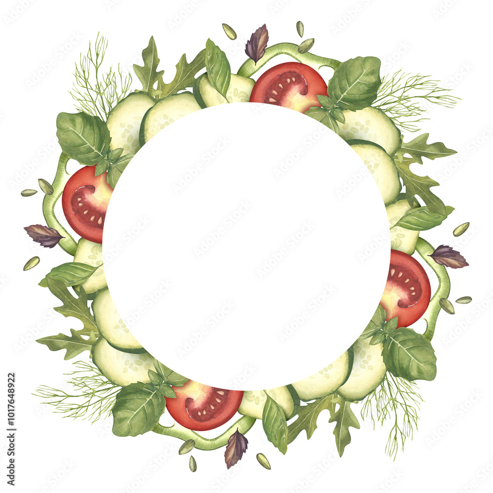 Vegetables and greenery. Watercolor illustration of sliced tomato ...