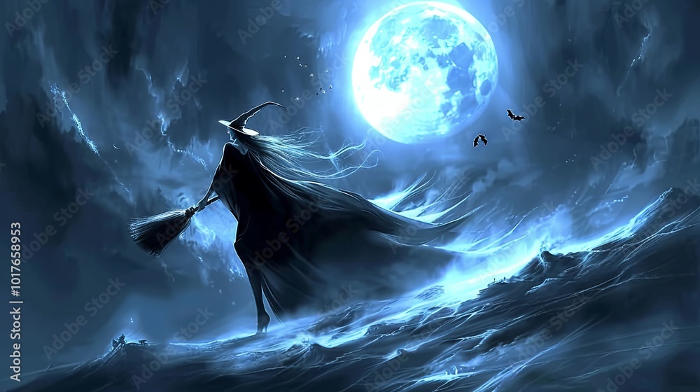 witch on her broomstick flying through the dark and stormy sky ...