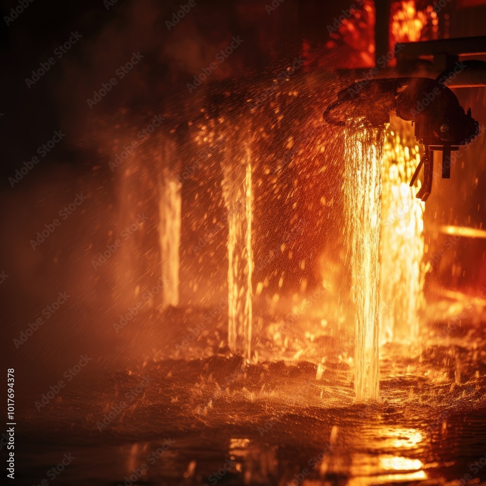 Image of Fire Sprinklers Spraying with fire background. Fire sprinklers ...
