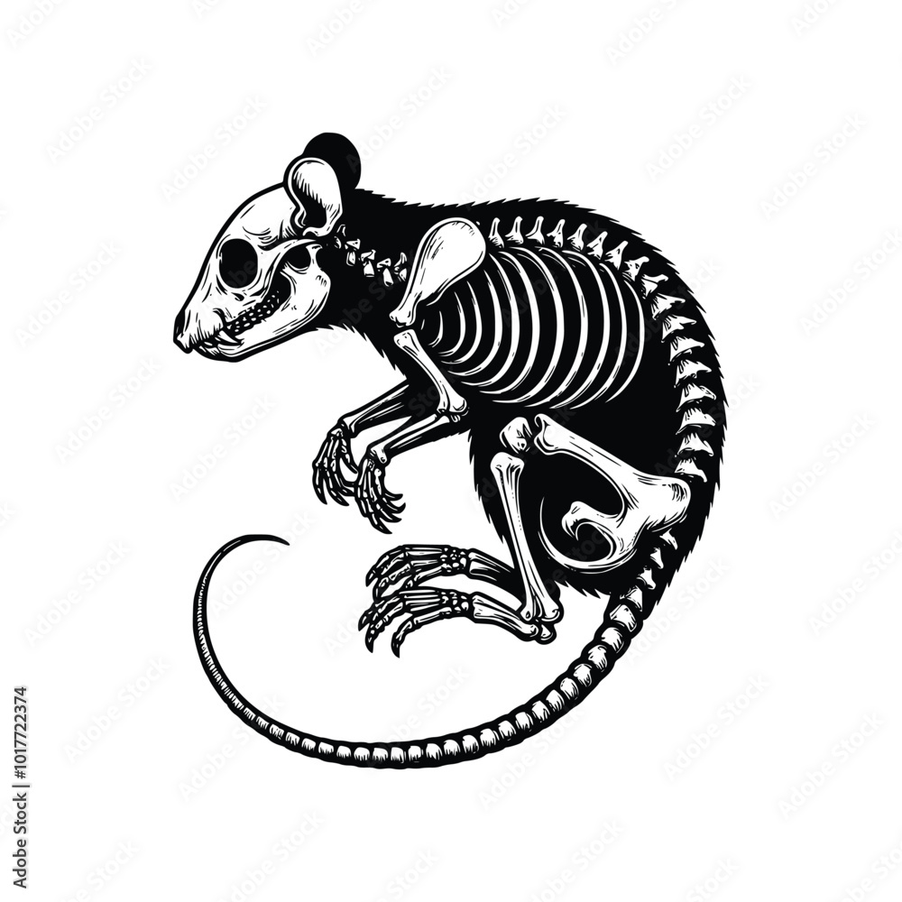 hand drawn black and white skeleton of mouse or rat line art vector ...